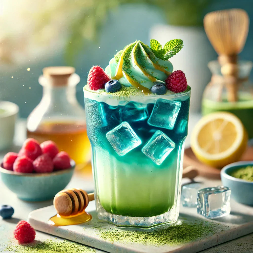 Sweet Blue Raspberry Matcha Iced Latte — The Drifting Leaf